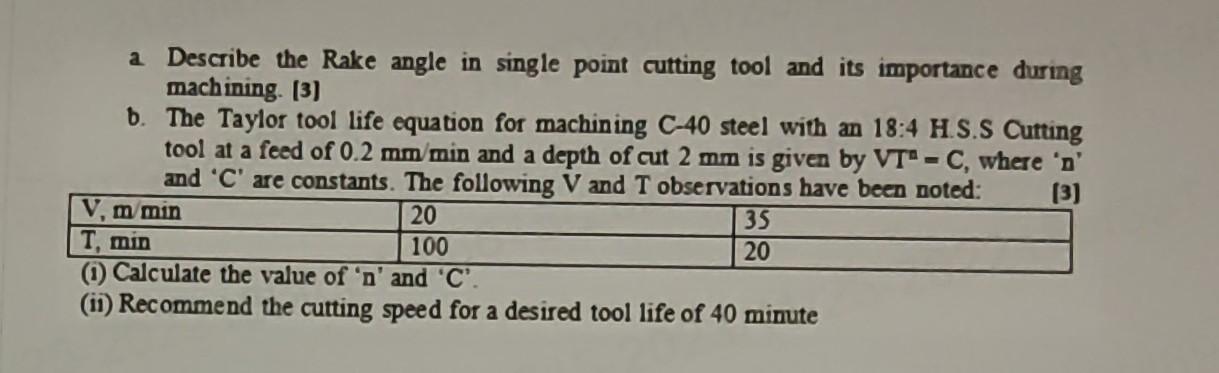 Solved a Describe the Rake angle in single point cutting | Chegg.com