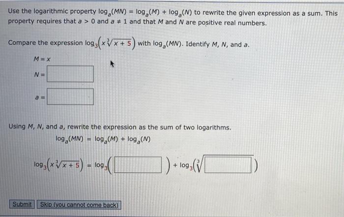 Solved Use the logarithmic property log (MN) = 109,(M) + | Chegg.com