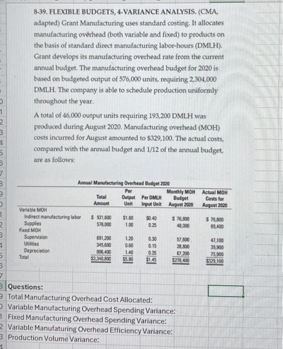 Solved 8-39. FLEXIBLE BUDGETS, 4-VARIANCE ANALYSIS. (CMA, | Chegg.com