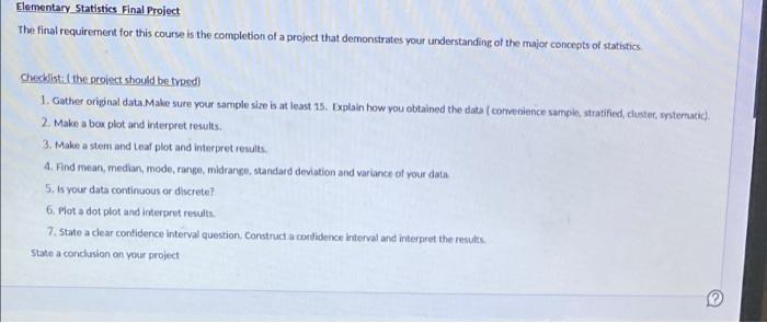 Solved Elementary Statistics Final Project The final | Chegg.com