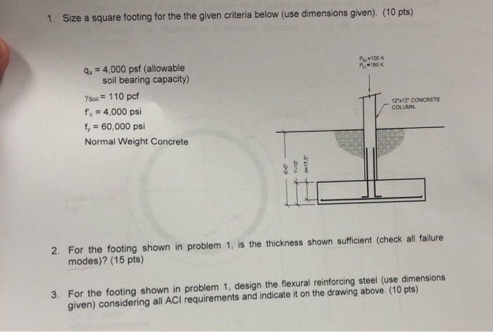 Solved 1. Size a square footing for the the given criteria | Chegg.com
