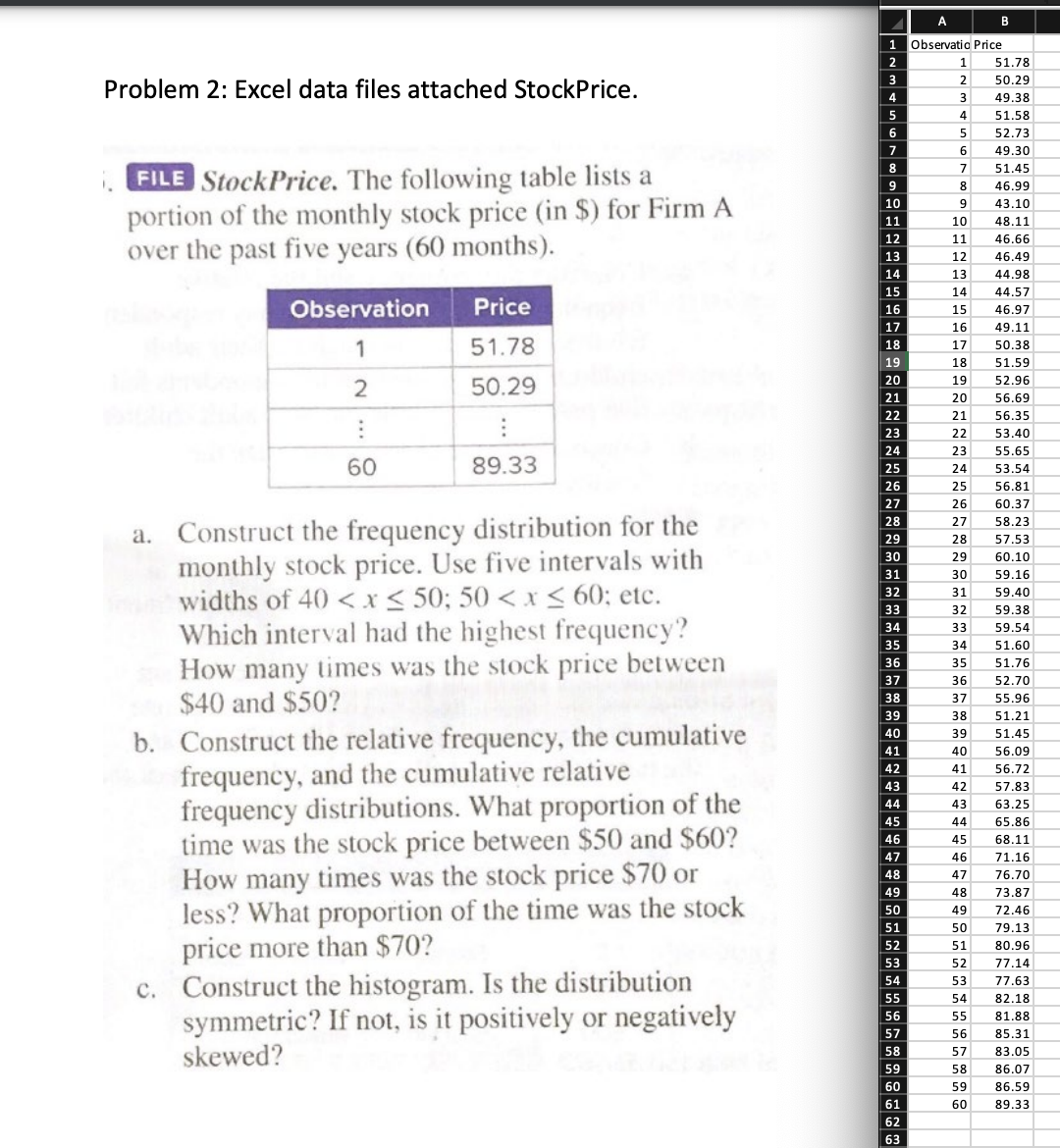 Solved Problem 2: Excel data files attached StockPrice. | Chegg.com