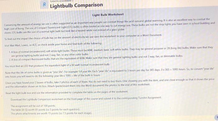 (1) Lightbulb Comparison Light Bulb Worksheet | Chegg.com