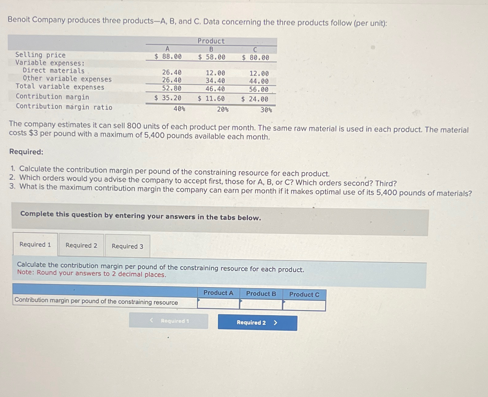 Solved Benoit Company produces three products-A, ﻿B, ﻿and C. | Chegg.com