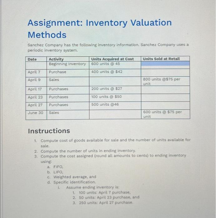 Solved Assignment: Inventory Valuation Methods Sanchez | Chegg.com