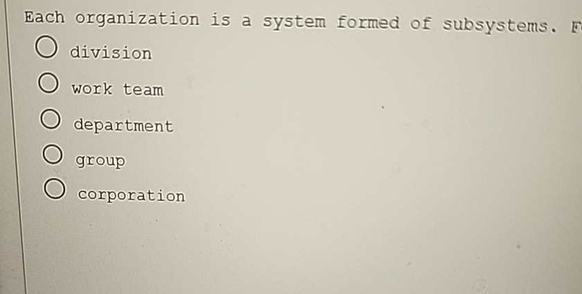 Solved Each organization is a system formed of subsystems. F | Chegg.com