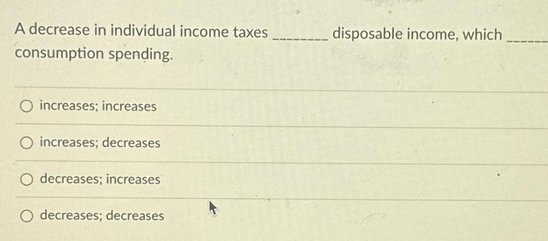 Solved A decrease in individual income taxes disposable | Chegg.com