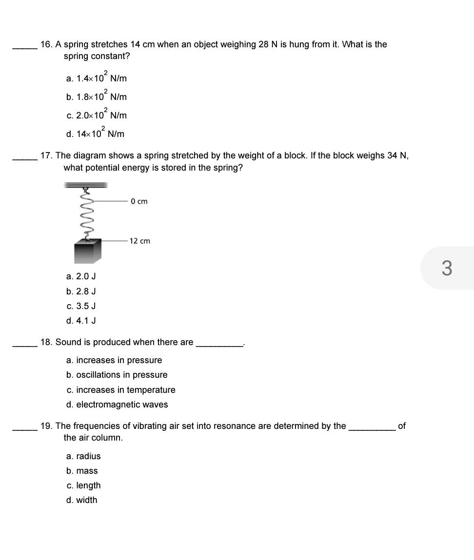 Solved 16. A spring stretches 14 cm when an object weighing | Chegg.com
