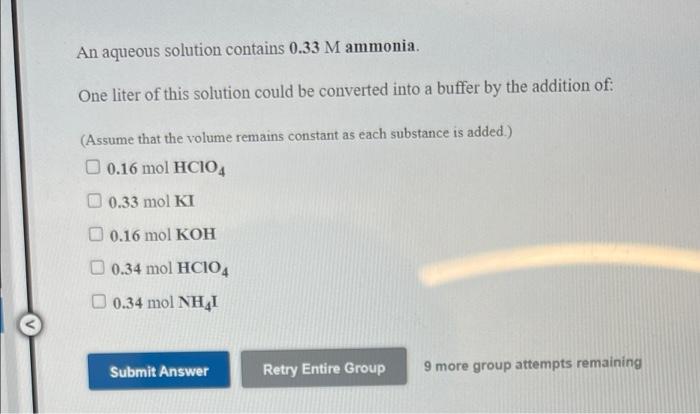 Solved An aqueous solution contains 0.33 M ammonia. a One | Chegg.com