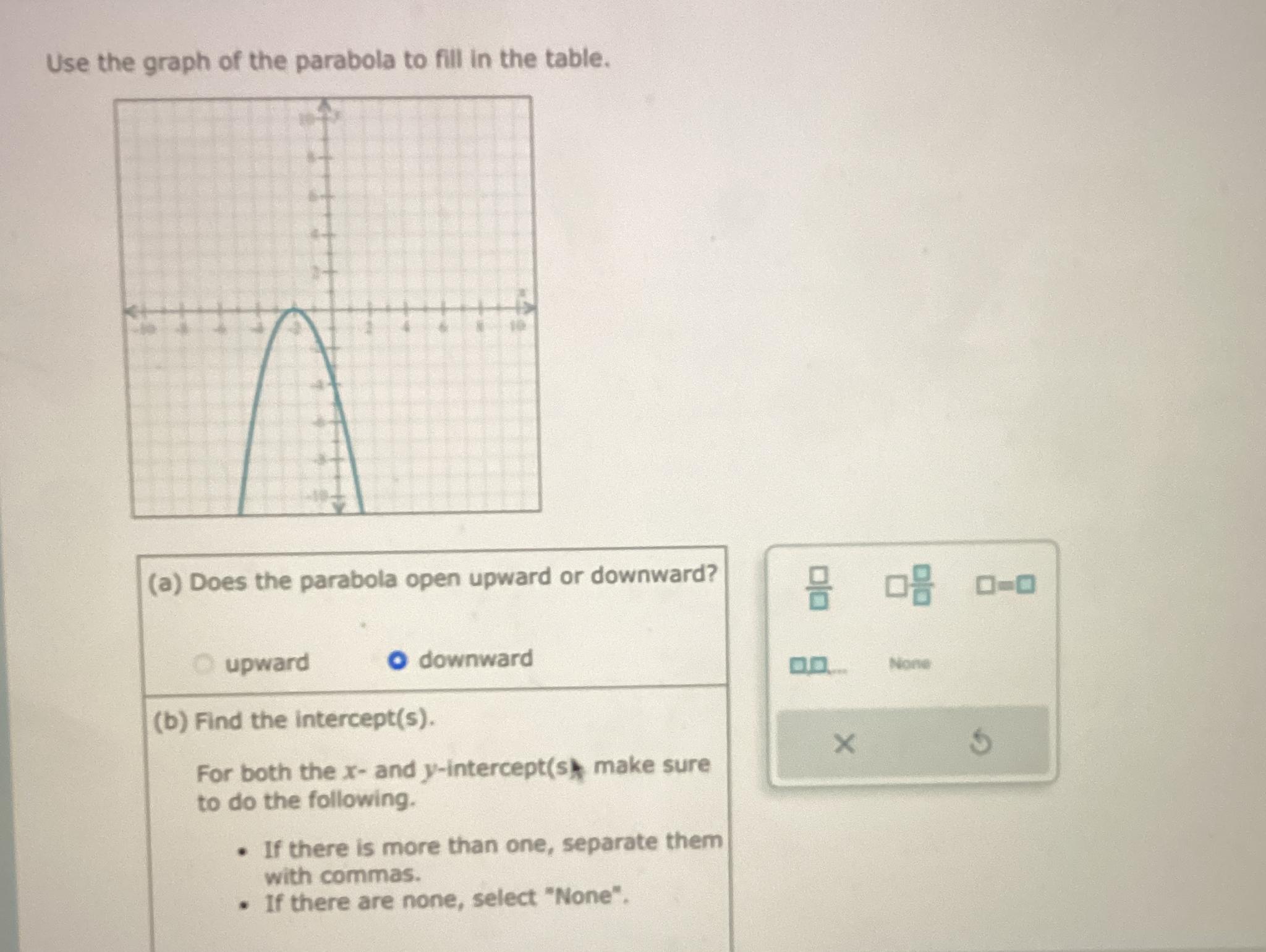 Solved Use the graph of the parabola to fill in the | Chegg.com