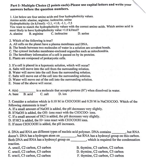 Solved Part I- Multiple Choice ( 2 points each)-Please use | Chegg.com