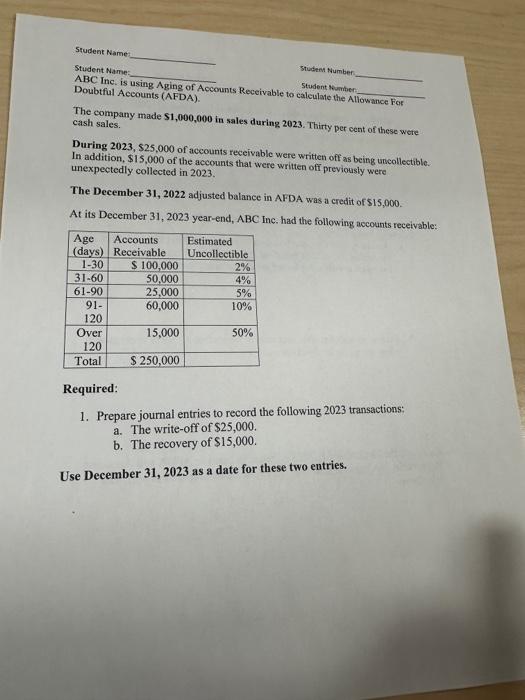Solved Student Name: Student Name: Studen Number ABC Inc. is | Chegg.com