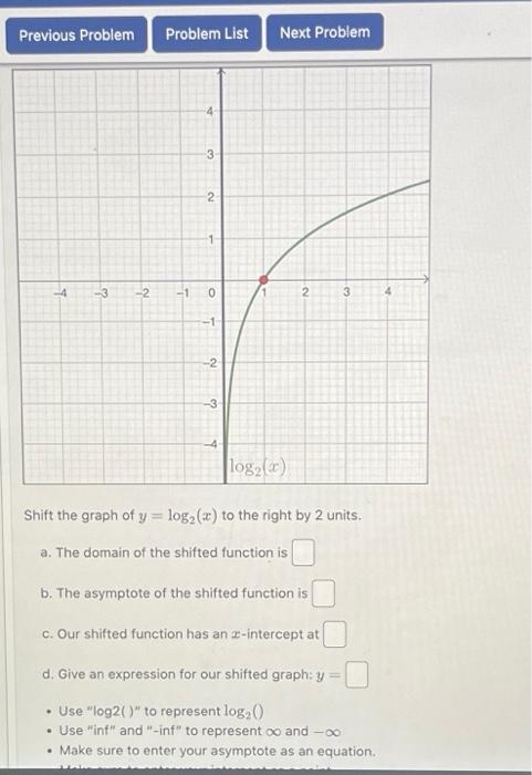 Solved Shift the graph of y=log2(x) to the right by 2 units. | Chegg.com