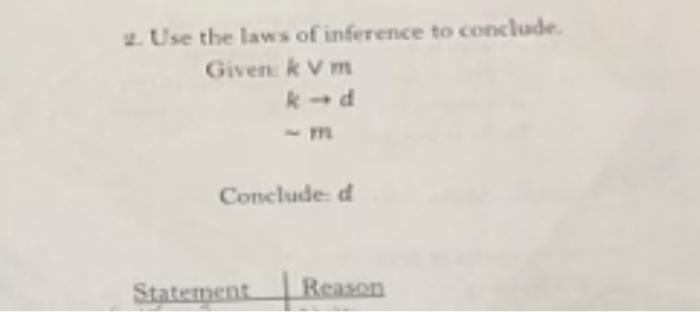 2. Use the laws of inference to conclude. Givent k∨m | Chegg.com