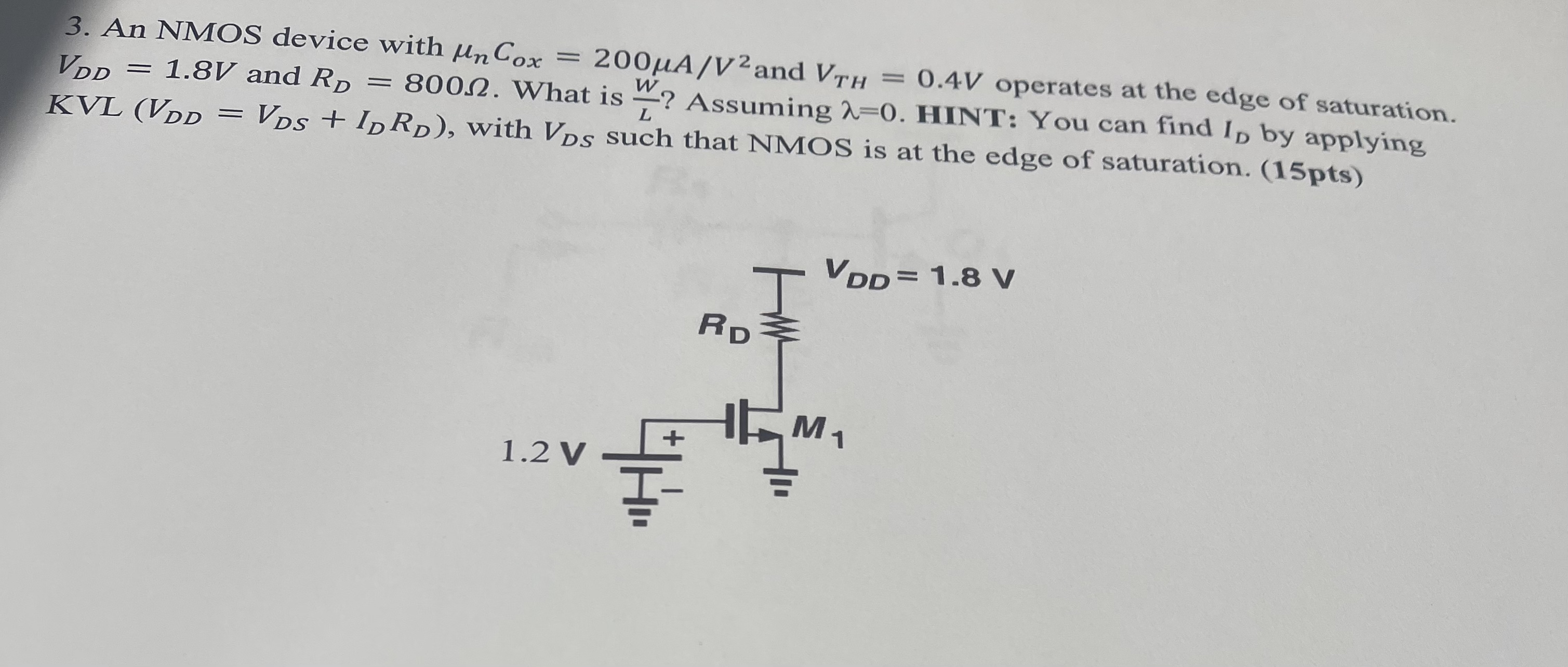 Solved An NMOS device with μnCox=200μAV2 ﻿and VTH=0.4V | Chegg.com