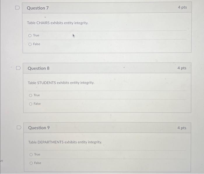 Table CHAIRS exhibits entity integrity. True False | Chegg.com