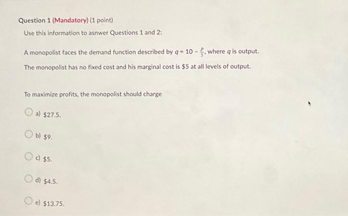 A monopolist faces the demand function described by q | Chegg.com