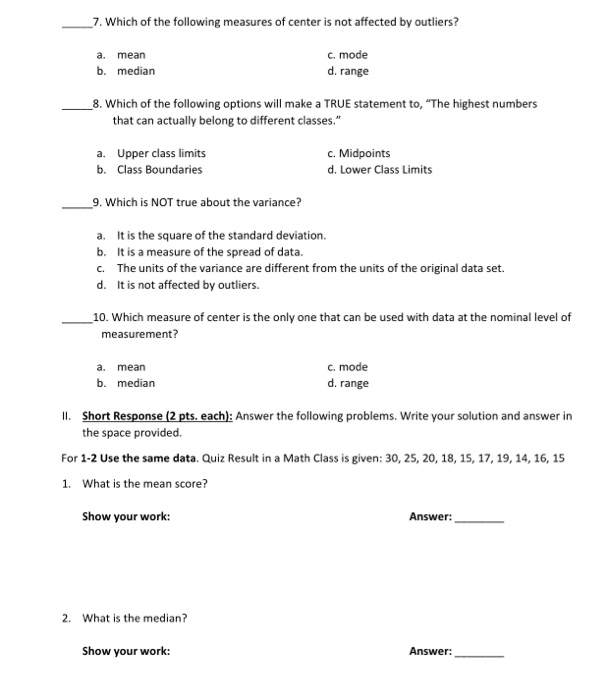 Solved _7. Which of the following measures of center is not | Chegg.com