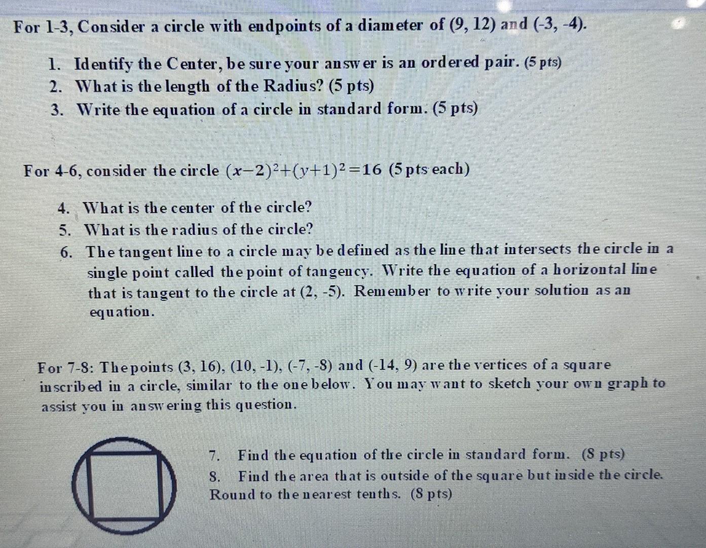 Solved For 1-3, Consider a circle with endpoints of a | Chegg.com