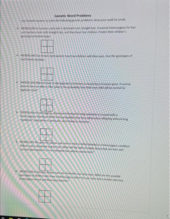Solved Genetic Word Problems Use Punnete squares to solve | Chegg.com