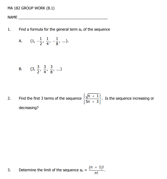 Solved MA 182 ﻿GROUP WORK (8.1)NAMEFind a formula for the | Chegg.com