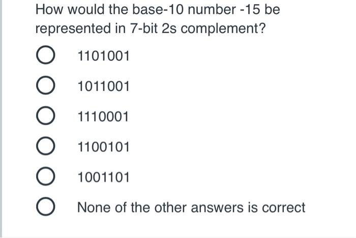 Solved How would the base-10 number -15 be represented in | Chegg.com