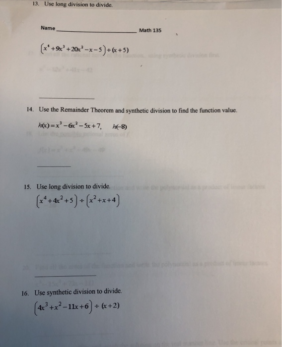 Solved 13. Use long division to divide. Name Math 135 (x +93 | Chegg.com