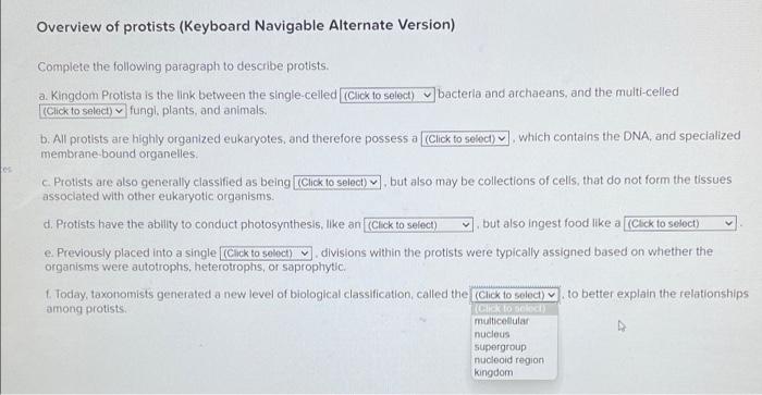 Solved Overview of protists (Keyboard Navigable Alternate | Chegg.com