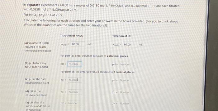 Solved In separate experiments, 60.00 mL samples of 0.0180 | Chegg.com