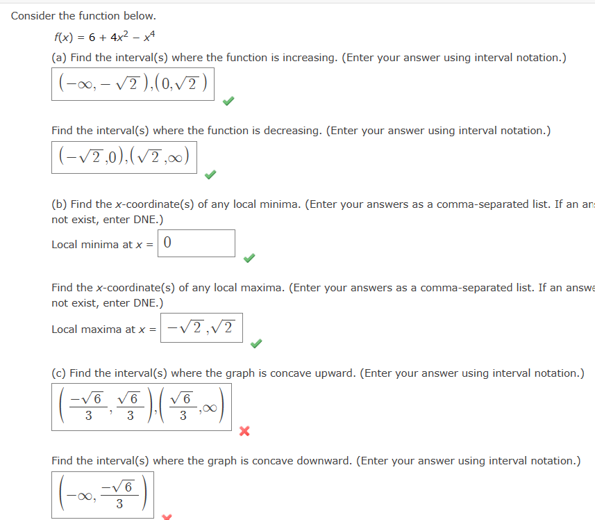 Solved Consider the function below.f(x)=6+4x2-x4(a) ﻿Find | Chegg.com