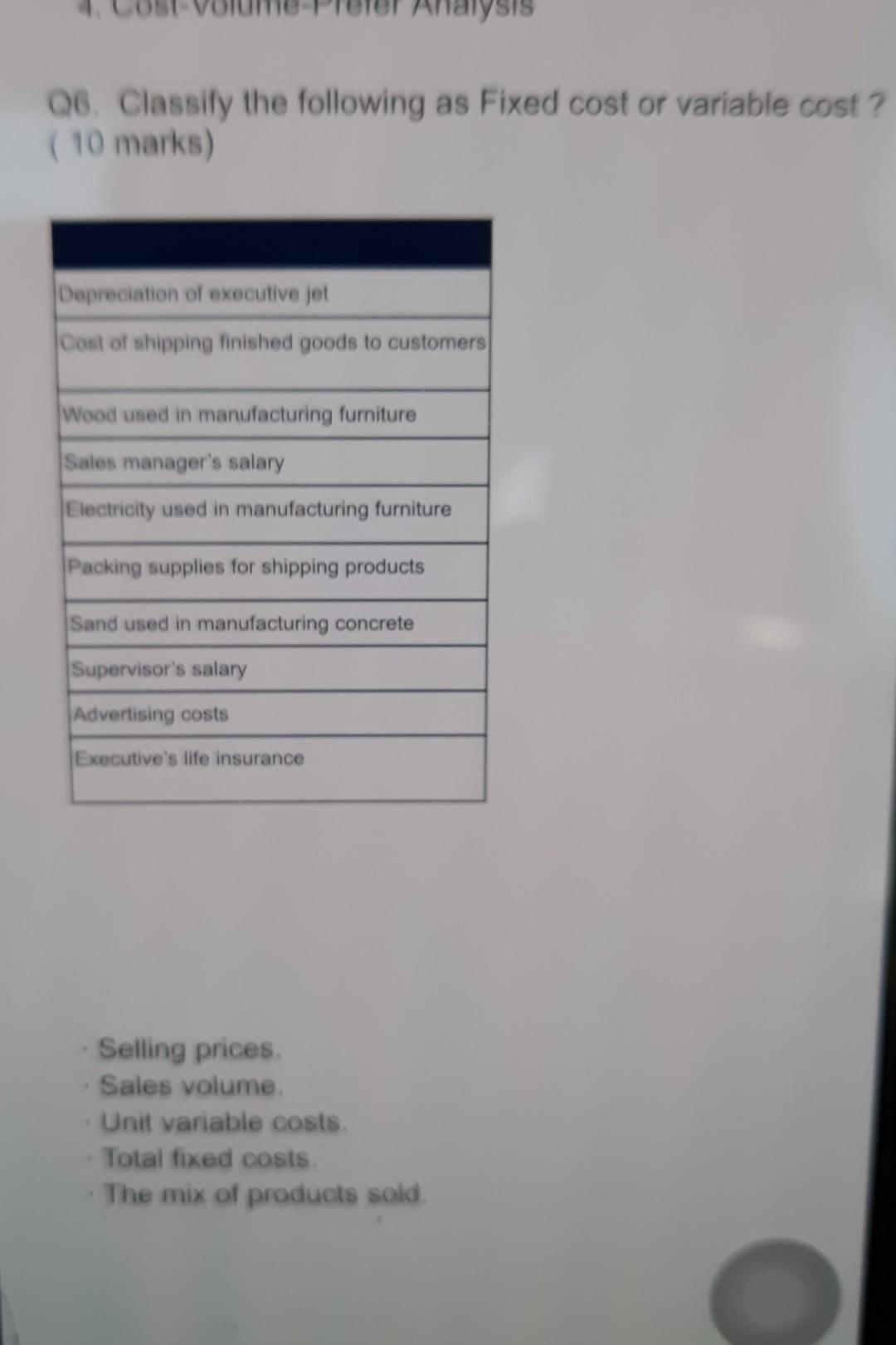 Solved Q6. Classify the following as Fixed cost or variable | Chegg.com