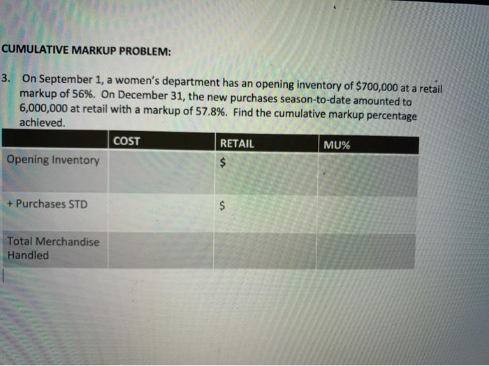 Solved CUMULATIVE MARKUP PROBLEM: 3. On September 1, a | Chegg.com