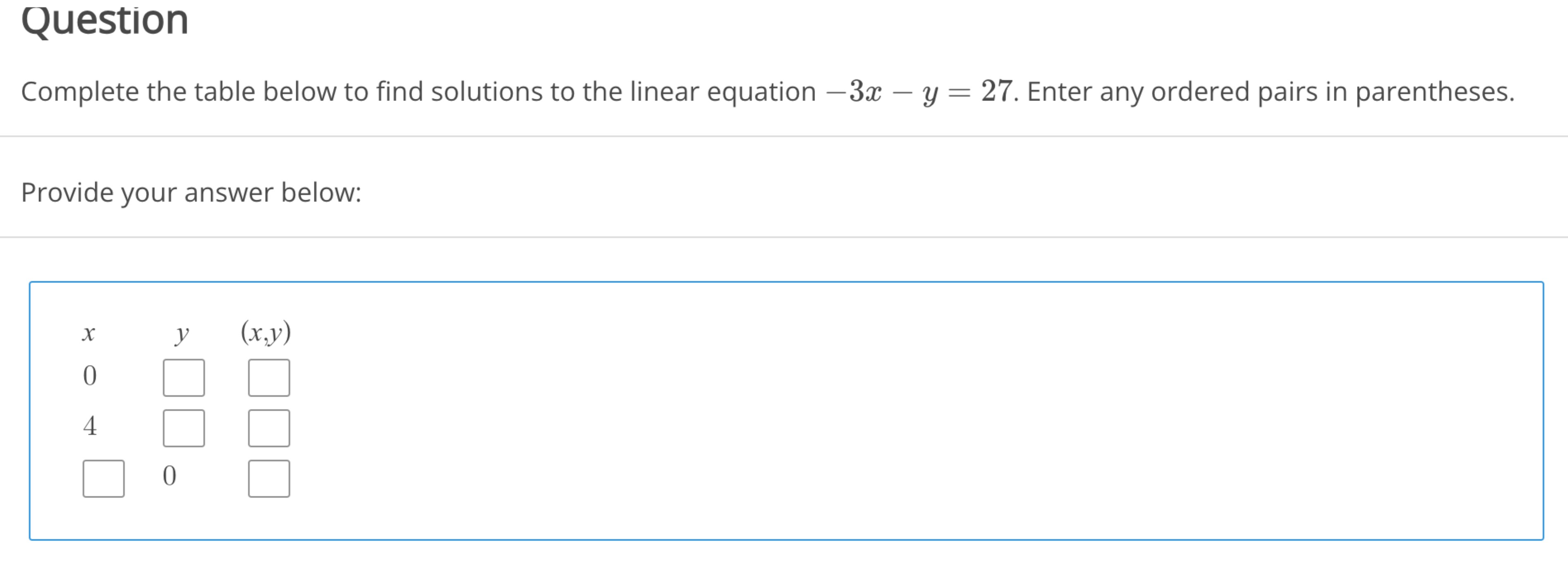 Solved QuestionComplete the table below to find solutions to | Chegg.com