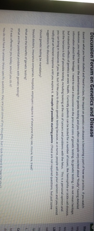 Solved Discussion Forum on Genetics and Disease Stu htt: nts | Chegg.com