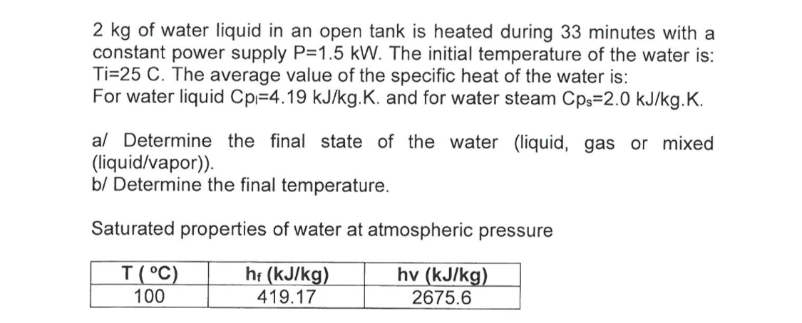 Solved 2 ﻿kg of water liquid in an open tank is heated | Chegg.com
