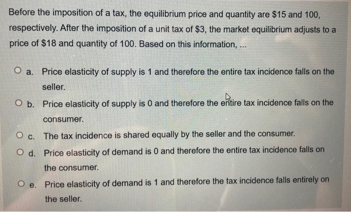 Solved Before the imposition of a tax, the equilibrium price | Chegg.com