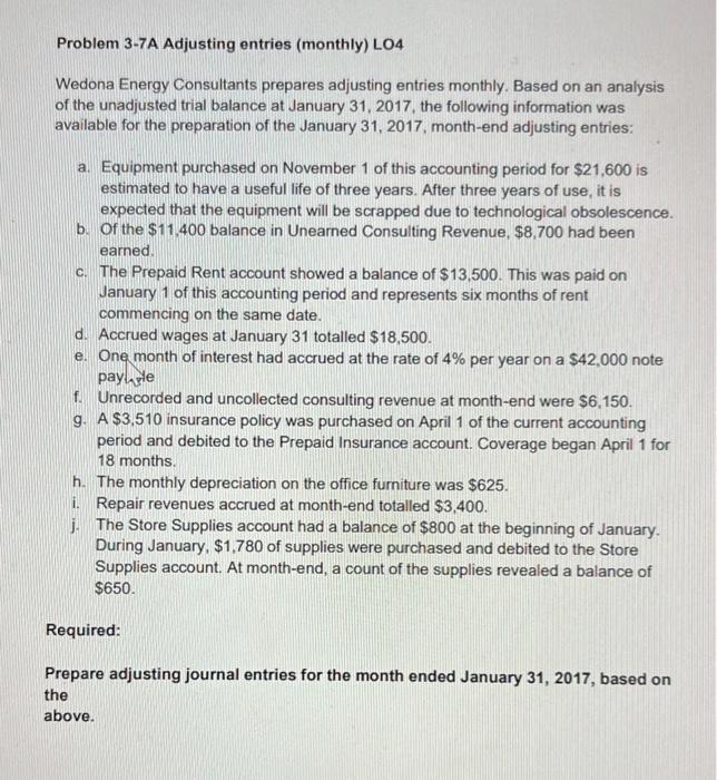 Solved Problem 3-7A Adjusting entries (monthly) LO4 Wedona | Chegg.com