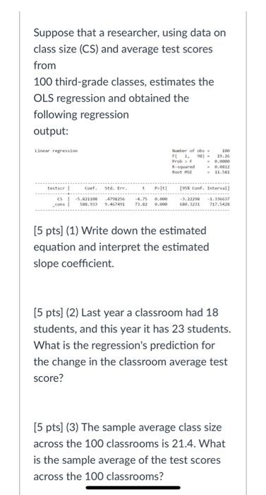 Solved Suppose That A Researcher Using Data On Class Size