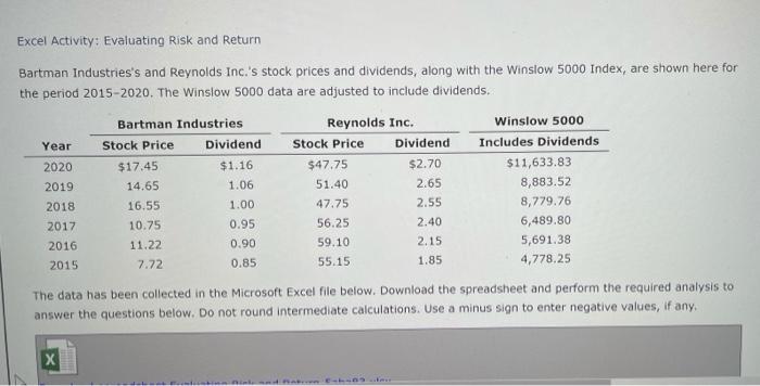 Excel Activity: Evaluating Risk and Return Bartman | Chegg.com