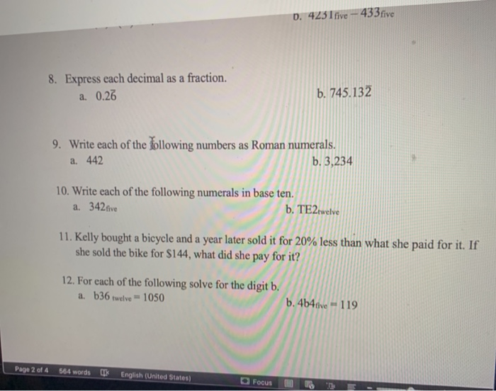 Solved D. 4231 five - 433ave 8. Express each decimal as a | Chegg.com
