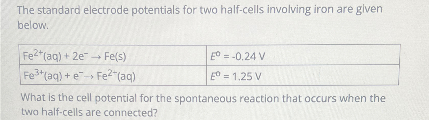 Solved The standard electrode potentials for two half-cells | Chegg.com