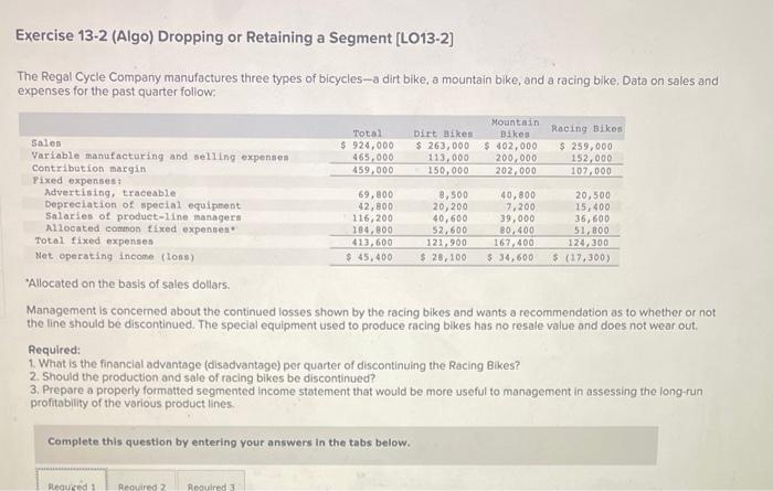 Solved Exercise 13-2 (Algo) Dropping or Retaining a Segment | Chegg.com