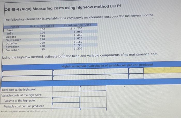 Solved OS 18-4 (Algo) Measuring costs using high-low method | Chegg.com