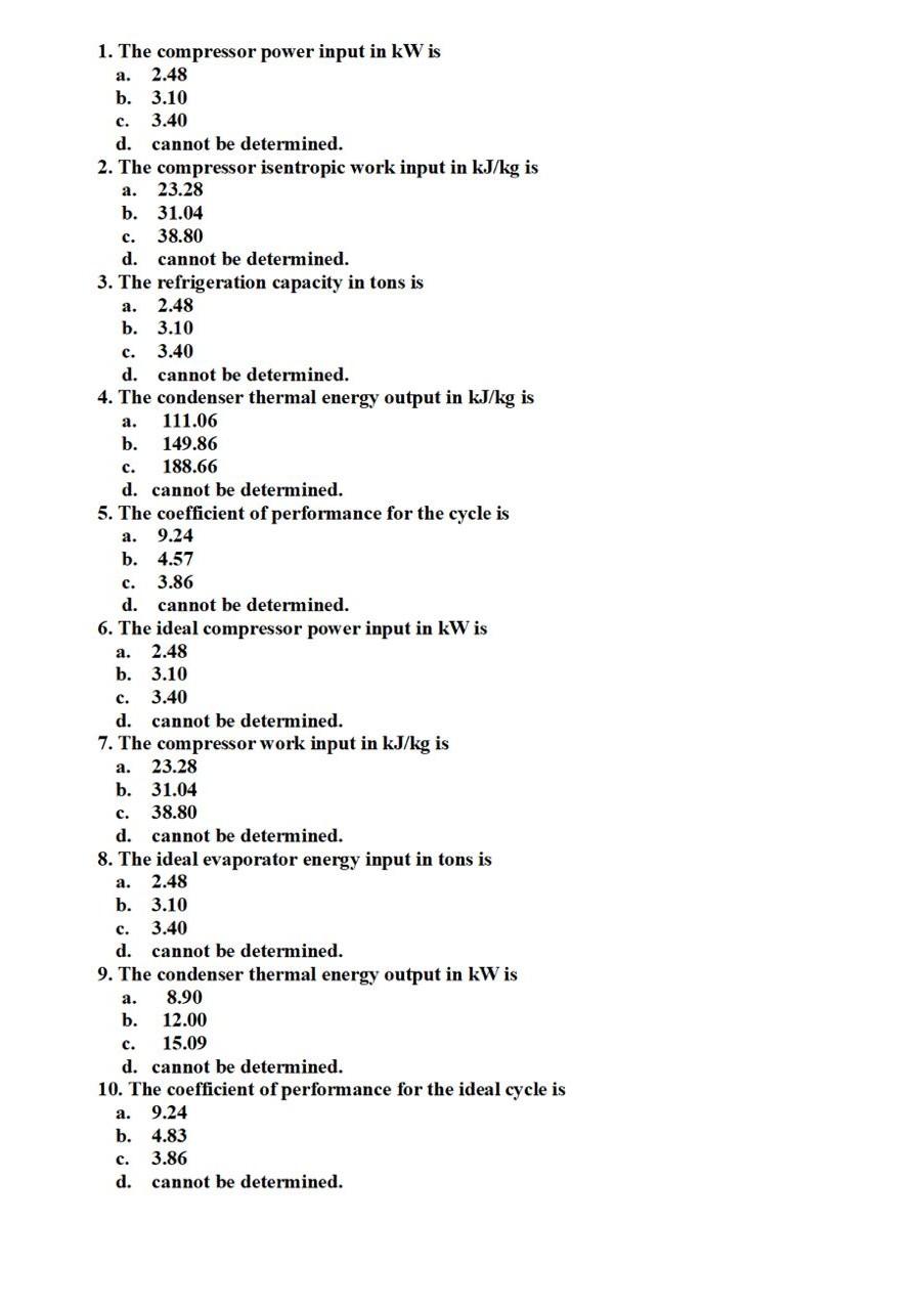 Solved 1. The compressor power input in kW is a. 2.48 b. | Chegg.com