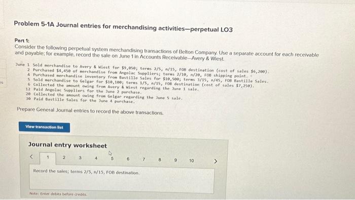 Solved Problem 5-1A Journal entries for merchandising | Chegg.com