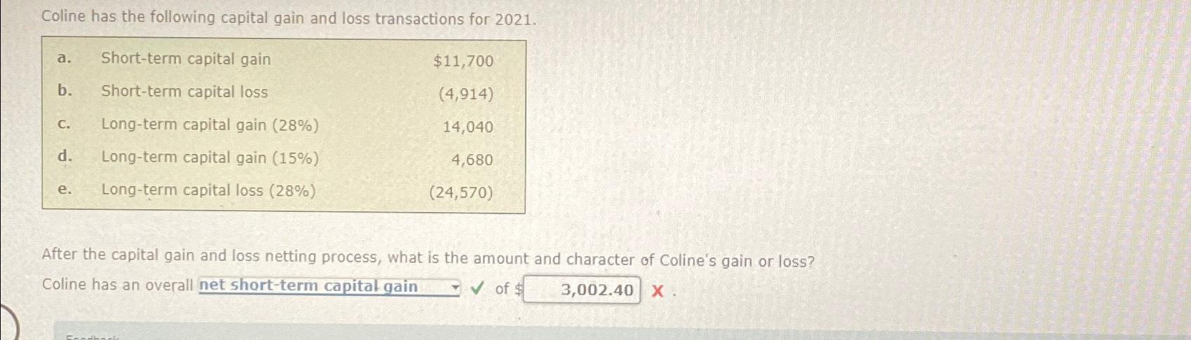 Solved Coline has the following capital gain and loss | Chegg.com