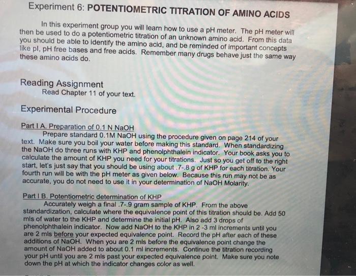 Experiment 6: POTENTIOMETRIC TITRATION OF AMINO ACIDS | Chegg.com