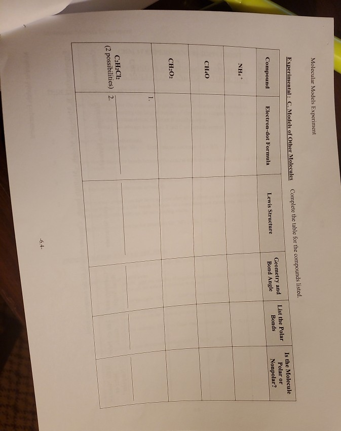 Solved Molecular Models Experiment Experimental: A. | Chegg.com