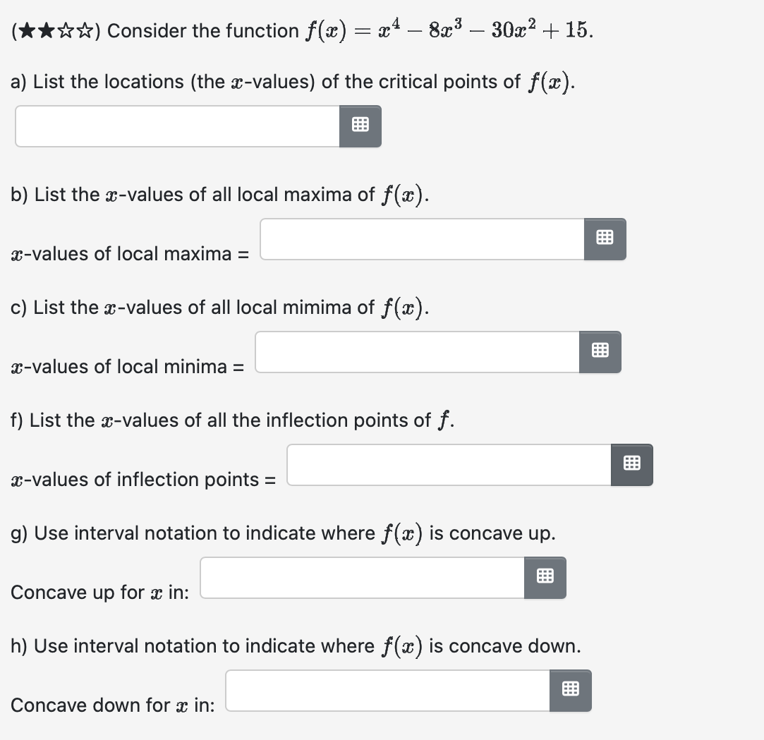 Solved Consider the function f(x)=x4-8x3-30x2+15a) ﻿List the | Chegg.com