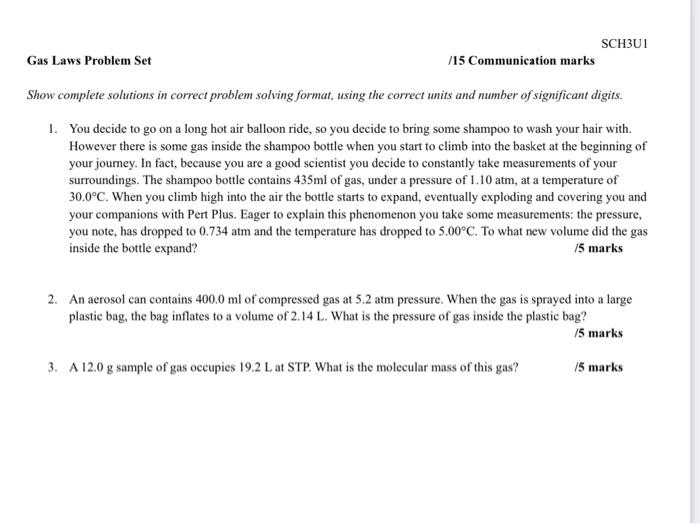 Solved Gas Laws Problem Set /15 Communication marks Show | Chegg.com